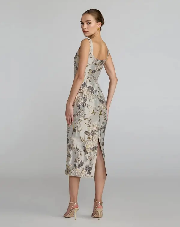 Mac Duggal Floral Square Neck Midi Dress