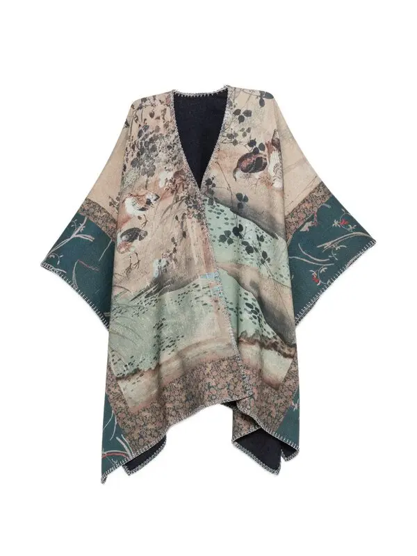 PIERRE-LOUIS MASCIA Wool Graphic Print Poncho - Navy