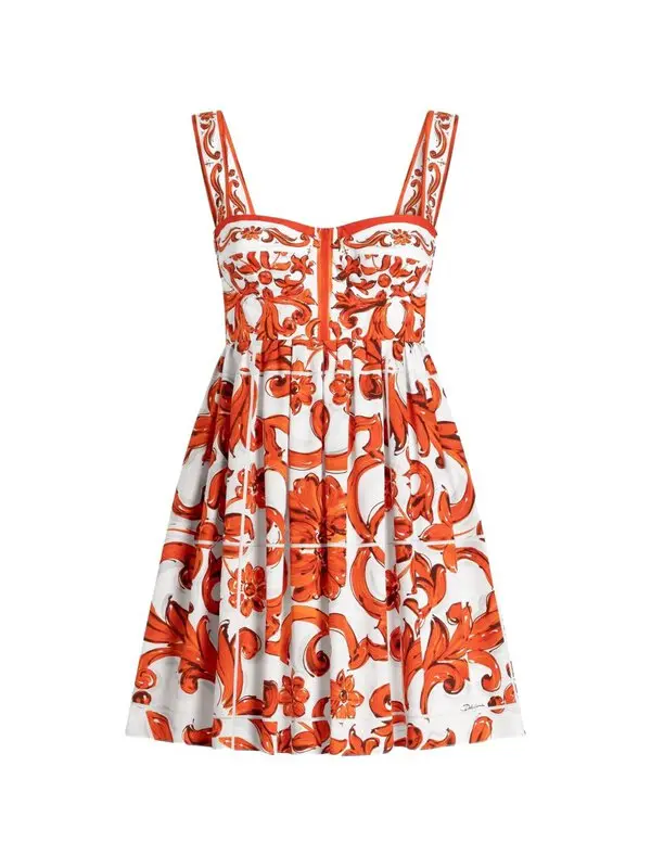 Dolce & Gabbana Maiolica Print Cotton Bustier Dress - Orange