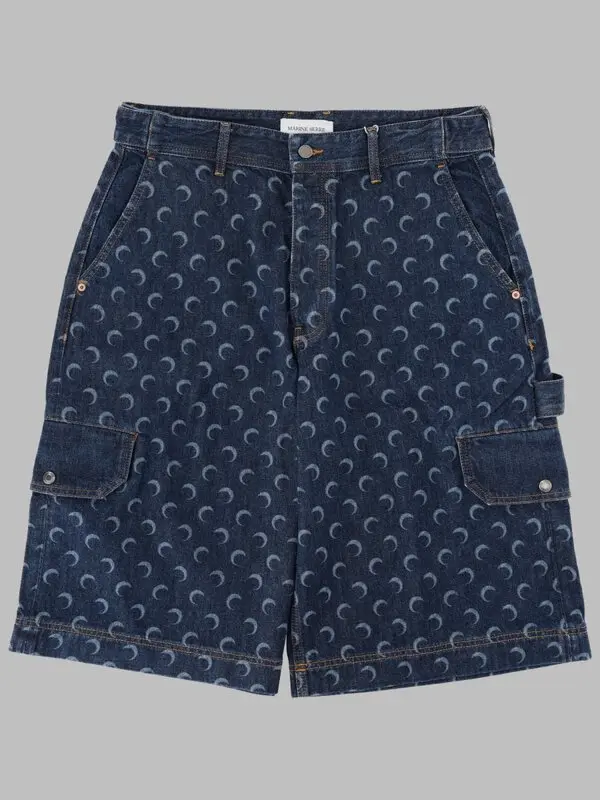 MARINE SERRE All Over Moon Print Denim Shorts - Blue