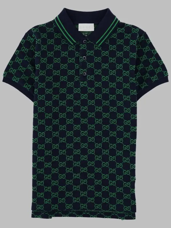 Gucci J S/s Polo Gg Cotton Piquet/ Navy/green
