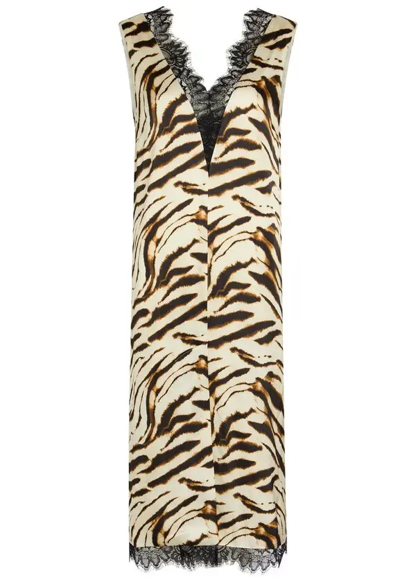 GANNI Printed Lace-trim Satin Midi Dress - White