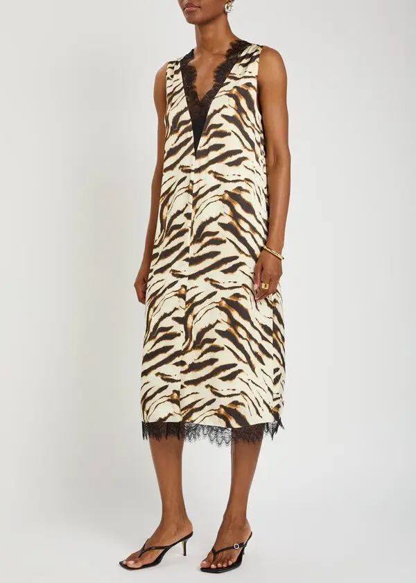 GANNI Printed Lace-trim Satin Midi Dress - White