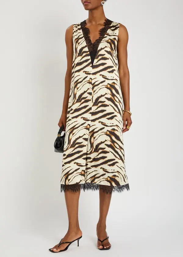 GANNI Printed Lace-trim Satin Midi Dress - White