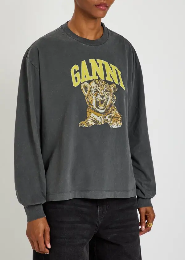 GANNI Printed Long Sleeve Cotton T-shirt - Black