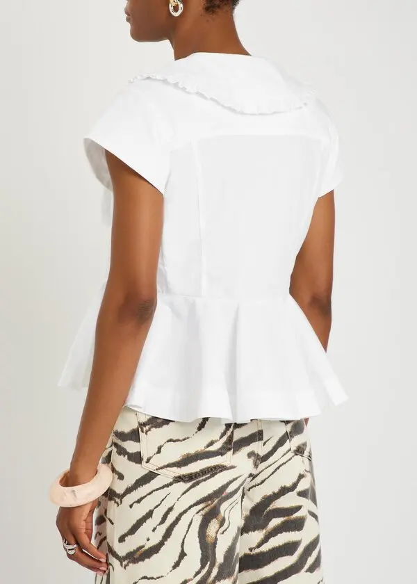 GANNI Peplum Cotton-poplin Sailor Collar Blouse - White