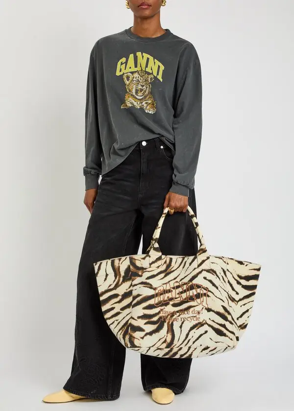 GANNI Printed Canvas Tote Bag - Cream