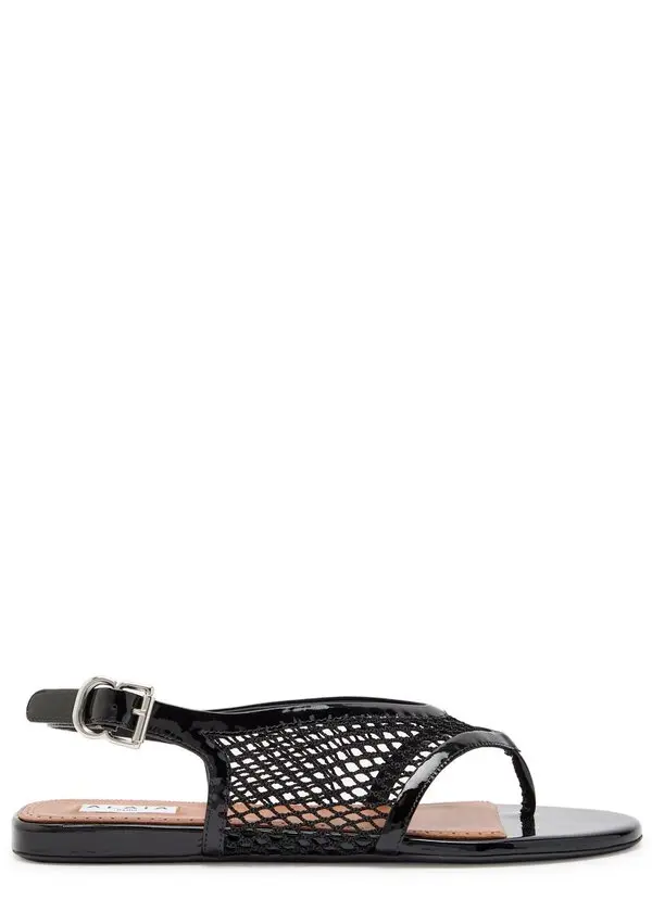 Alaïa Fishnet Patent Leather Thong Sandals - Black