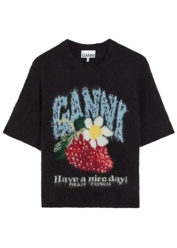 GANNI Intarsia Brushed Alpaca-blend T-shirt - Black