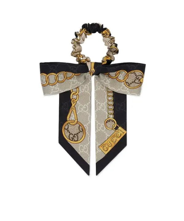 Gucci Gg Chain Silk Scrunchie - Beige/black