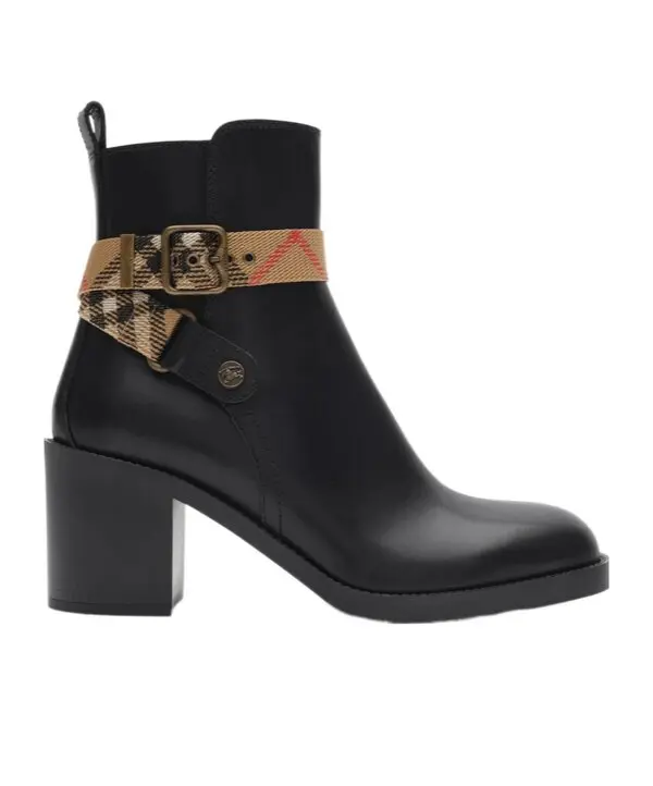 Burberry Leather Huntley Block Heel Boots With Checked Trim