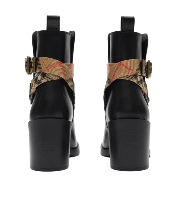 Burberry Leather Huntley Block Heel Boots With Checked Trim