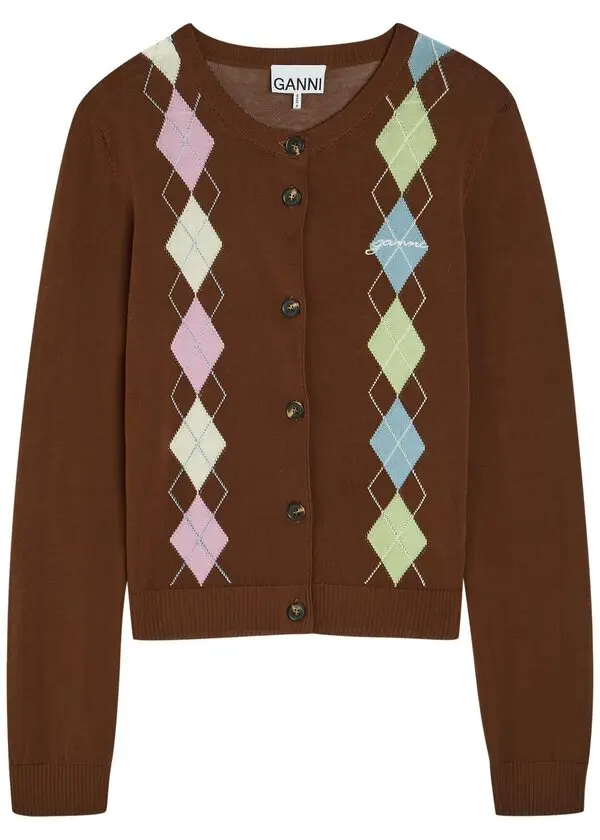 GANNI Argyle Cotton Cardigan With Logo Embroidery - Brown