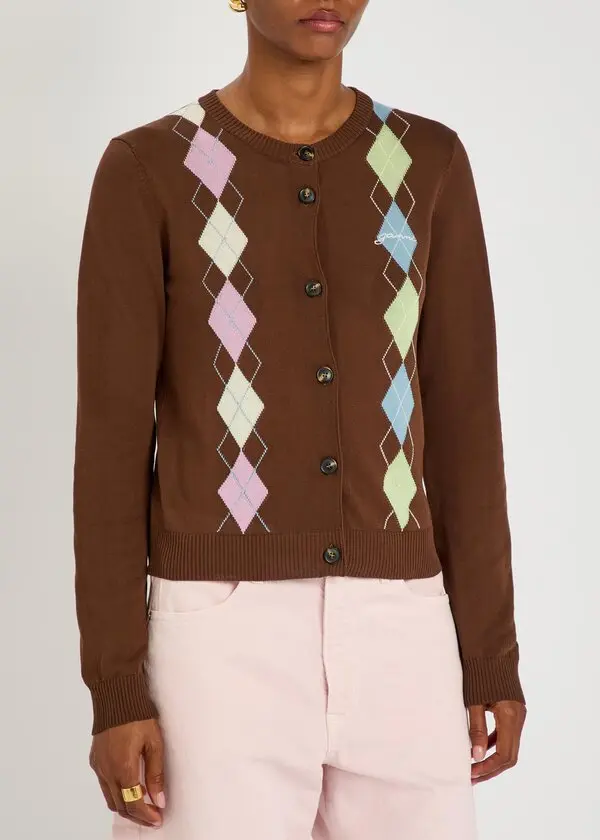 GANNI Argyle Cotton Cardigan With Logo Embroidery - Brown