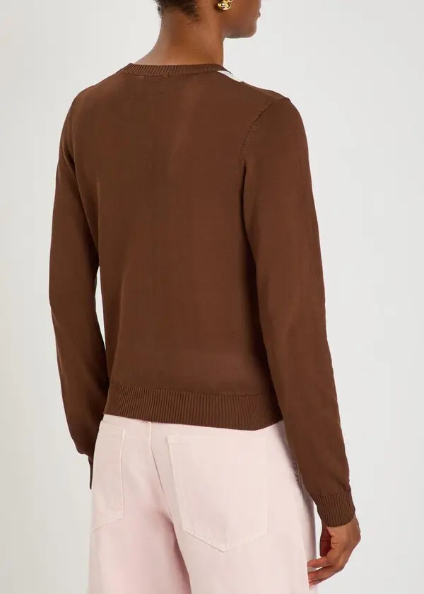 GANNI Argyle Cotton Cardigan With Logo Embroidery - Brown