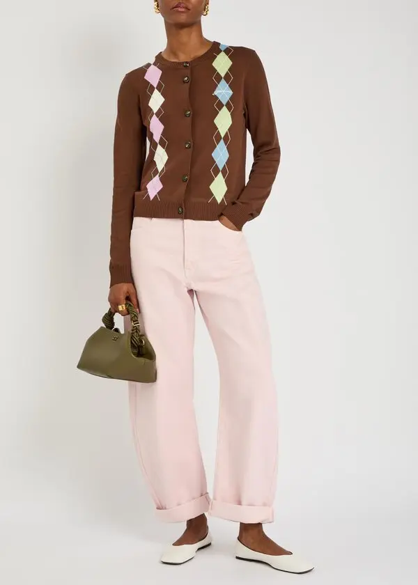 GANNI Argyle Cotton Cardigan With Logo Embroidery - Brown