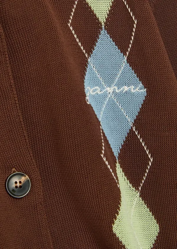 GANNI Argyle Cotton Cardigan With Logo Embroidery - Brown