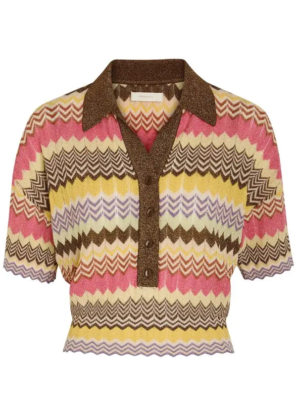 Faithfull The Brand Raya Chevron Pointelle Metallic-knit Polo Top - Stripe