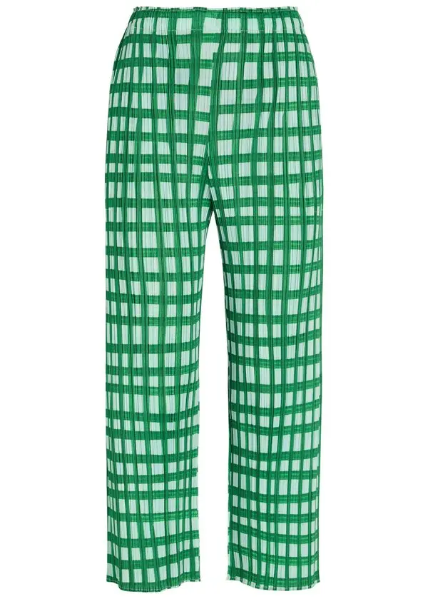 Issey Miyake Gingham Pleated Straight-leg Woven Cropped Trousers - Green