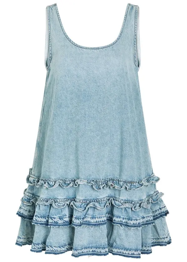 GANNI Frill Denim Mini Dress - Light Blue