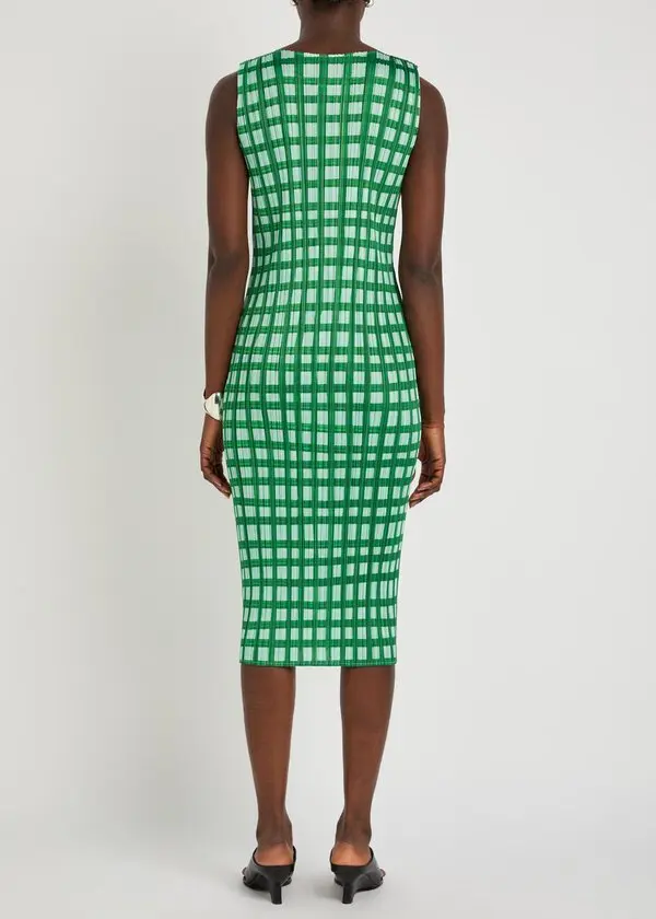 Issey Miyake Gingham Pleated Midi Dress - Green