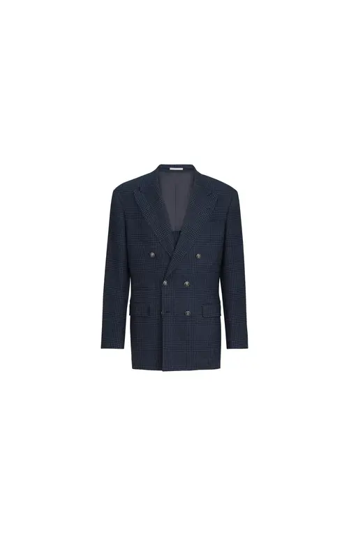 Brunello Cucinelli Comfort Wool And Cashmere Prince Of Wales Flannel One-and-a-half Breasted Tailor Blazer With Metal Buttons - Blue