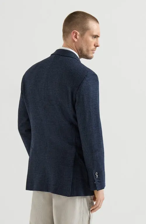 Brunello Cucinelli Comfort Wool And Cashmere Prince Of Wales Flannel One-and-a-half Breasted Tailor Blazer With Metal Buttons - Blue