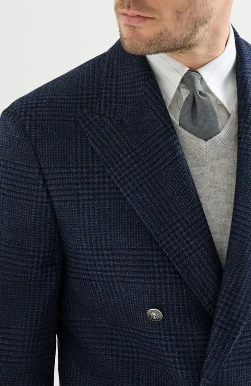 Brunello Cucinelli Comfort Wool And Cashmere Prince Of Wales Flannel One-and-a-half Breasted Tailor Blazer With Metal Buttons - Blue