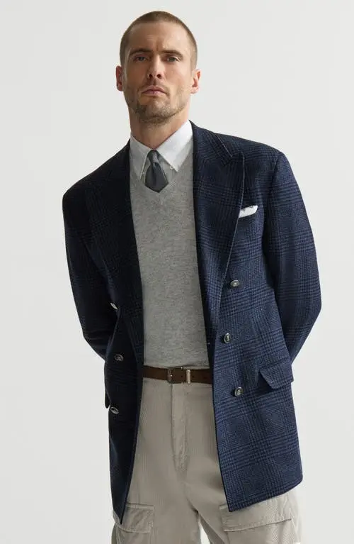 Brunello Cucinelli Comfort Wool And Cashmere Prince Of Wales Flannel One-and-a-half Breasted Tailor Blazer With Metal Buttons - Blue