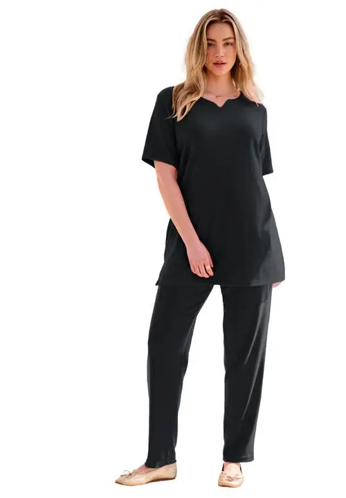 ROAMAN'S Soft Knit Tunic With Notch Neckline - Black