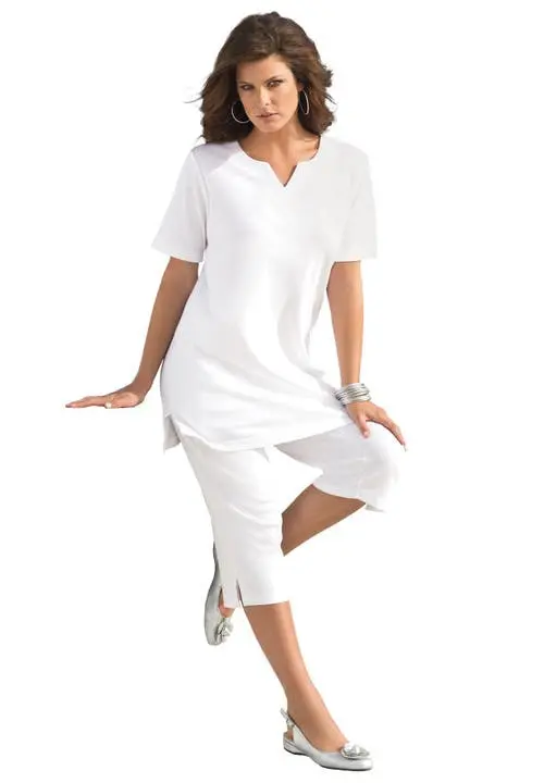 ROAMAN'S Soft Knit Tunic With Notch Neckline - White