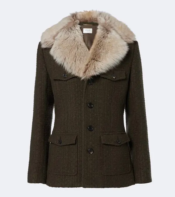 Saint Laurent Shearling-trimmed Wool-blend Tweed Jacket - Green