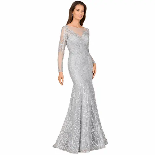 LARA NEW YORK Beaded Faux-wrap V-neck Bridal Gown - Silver