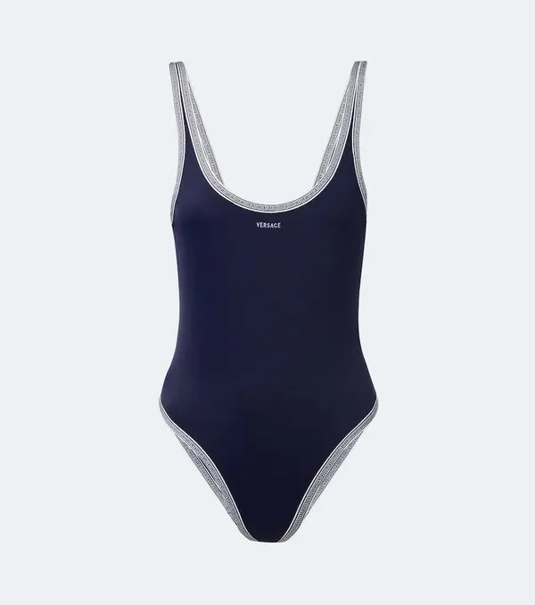 Versace Greca Logo Embroidered One-piece Swimsuit - Blue