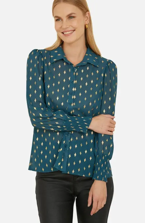 YUMI Diamond Foil Print Blouse With Ruched Cuffs