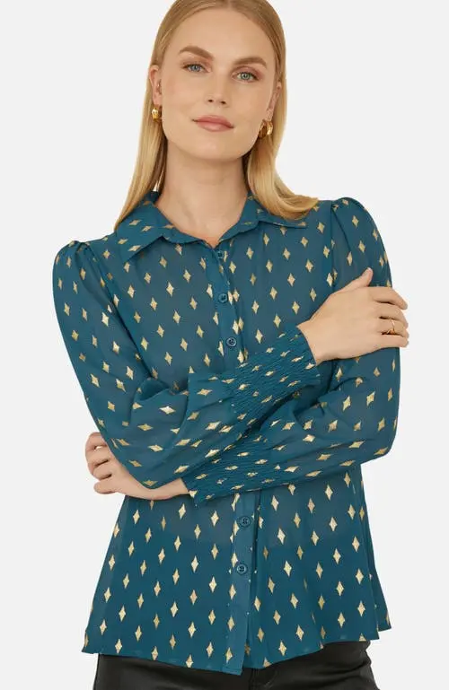 YUMI Diamond Foil Print Blouse With Ruched Cuffs