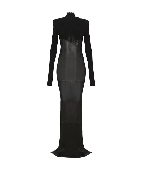 Balmain Long Knit And Lambskin Leather Dress - Black
