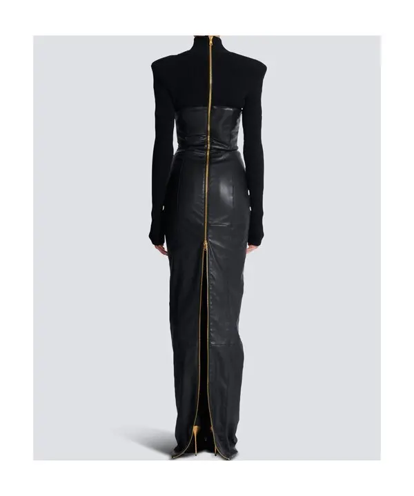 Balmain Long Knit And Lambskin Leather Dress