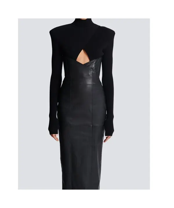 Balmain Long Knit And Lambskin Leather Dress