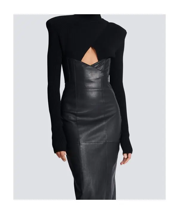 Balmain Long Knit And Lambskin Leather Dress