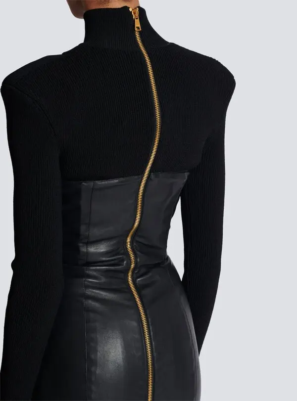 Balmain Long Knit And Lambskin Leather Dress