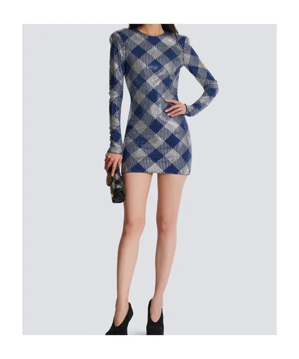 Balmain Gingham Rhinestone Dress