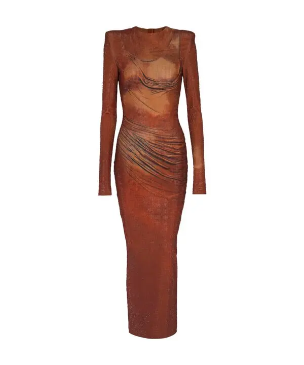 Balmain Printed Long Rhinestone Dress - Brown