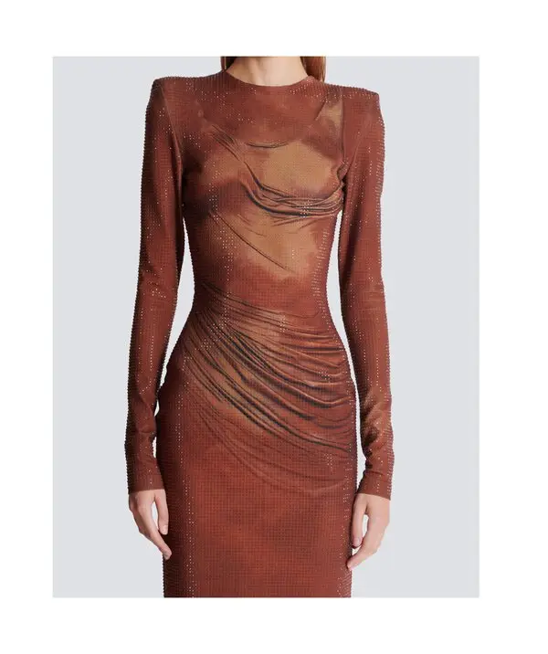 Balmain Printed Long Rhinestone Dress