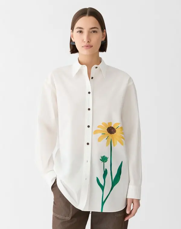 Lafayette 148 New York Floral Print Cotton Poplin Oversized Shirt - White Multi