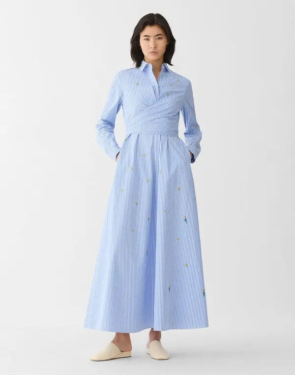 Lafayette 148 New York Stripe Cotton Floral Wrap Shirt Dress - Blue Hydrangea Multi
