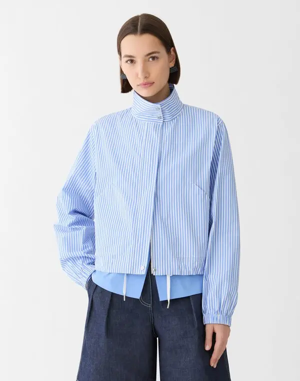 Lafayette 148 New York Stripe Cotton Zip Front Bomber Jacket - Blue Hydrangea Multi