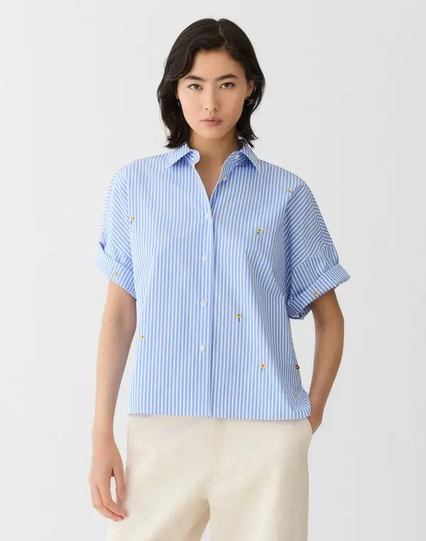 Lafayette 148 New York Stripe Cotton Floral Embroidered Shirt - Blue Hydrangea Multi