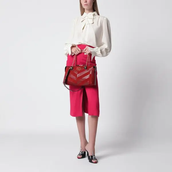 Valentino Garavani Medium Panthea Shoulder Bag In Suede And Nappa Leather With Chevron Pattern - Red