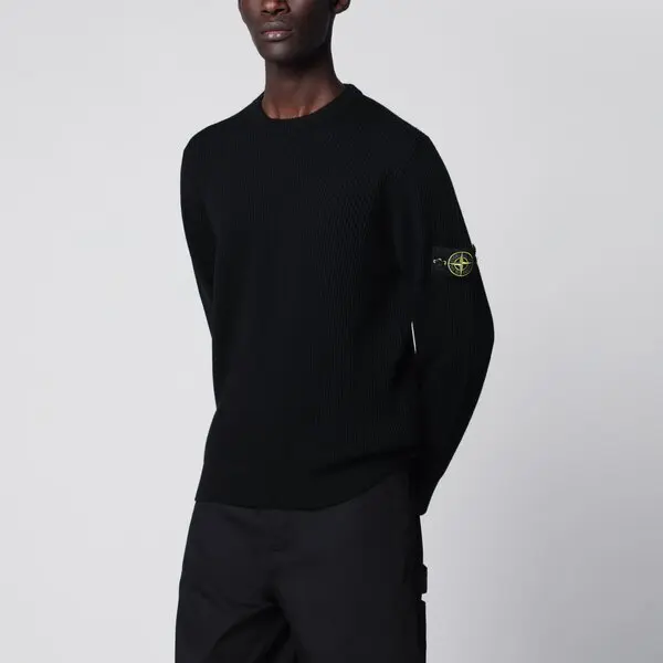 Stone Island Ribbed Virgin Wool Crewneck Sweater - Black